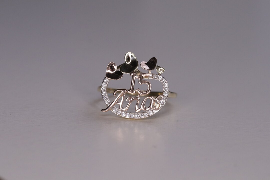 14K Gold Unique Heart Quinceañera CZ Ring / 14K Real Gold 15 Años Ring ...