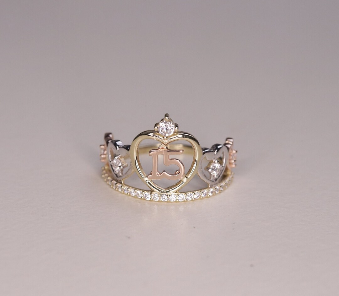 14K Gold Heart Crown Quinceañera CZ Ring / 14K Real Gold 15 Años Ring ...