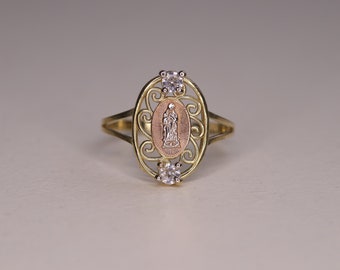 10k Gold Virgin Mary Two Rose Ring for Women / Gift / Religious Ring ...
