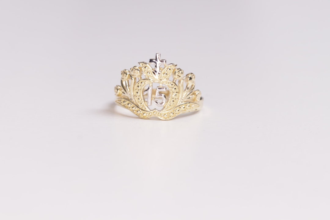 14k Solid Gold 15 Años Crown With Cross Ring / Quinceañera 15 Años ...