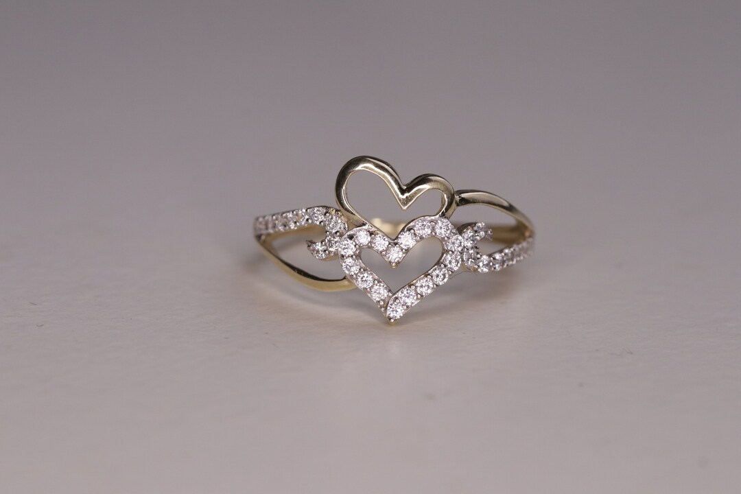 14K Gold CZ Double Heart Cute Ring / 14K Gold Heart CZ Rings / Gifts ...