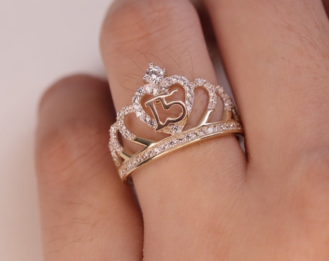 14K Solid Gold Quinceañera Crown Heart Ring / 14K Real Gold 15 Años ...