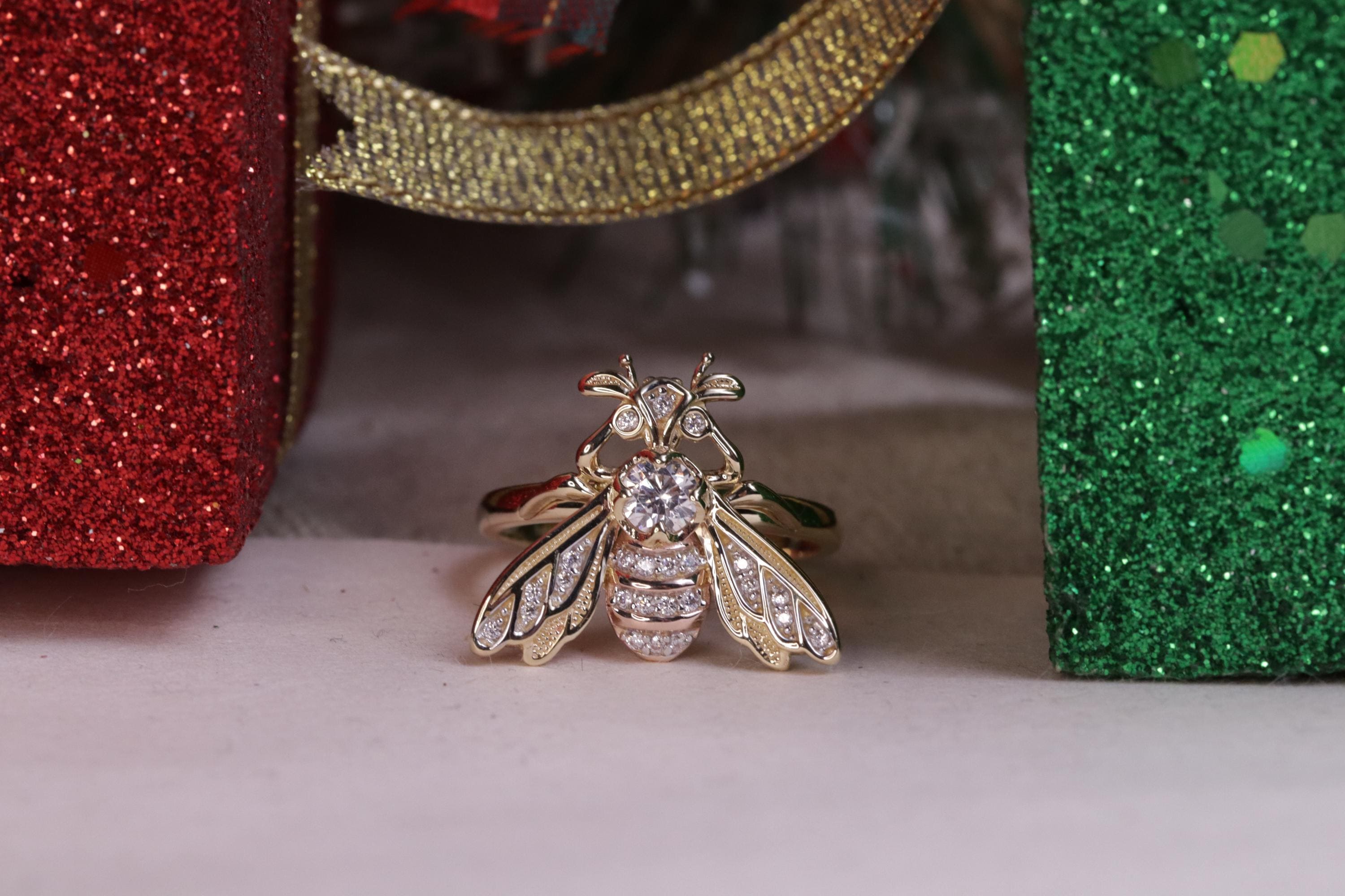 14k Gold Unique Bee CZ Ring / Gift / Women Ring / Dainty Ring / Heavue ...