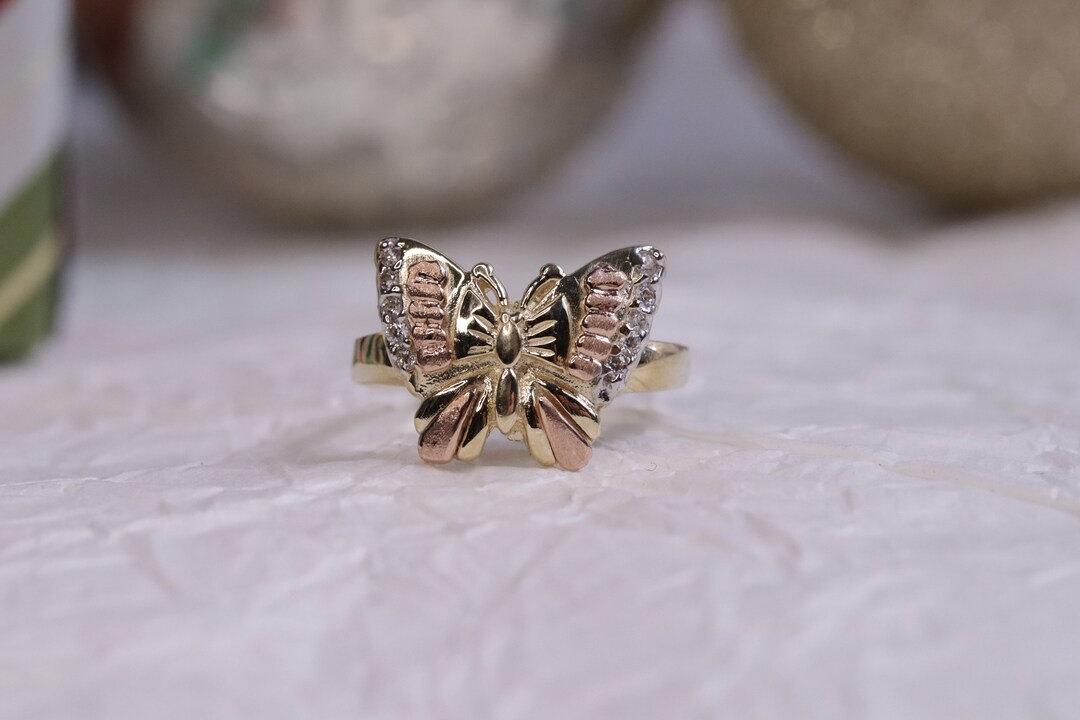 10K Gold Butterfly Tri Color CZ Ring / Elegant Ring / Cute Ring / Cheap ...