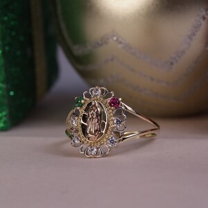 14k Gold Virgin Mary Color Stone CZ Ring / Religious Women Ring / 14k ...