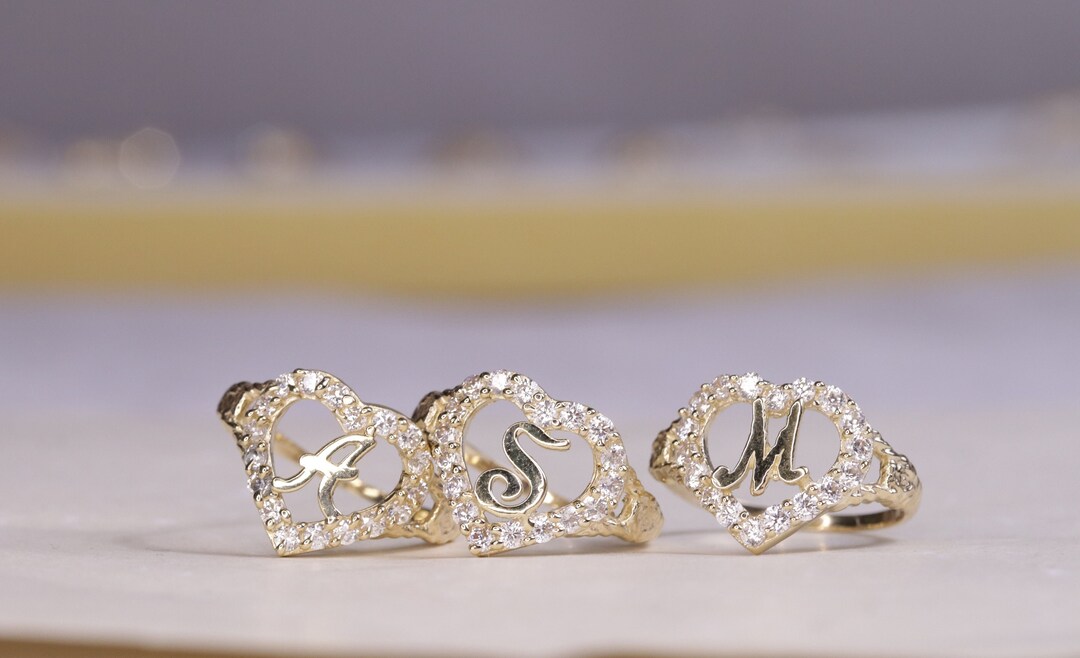 10K Gold Heart Initial CZ Ring / 10K Gold Alphabet Ring / Initial ...