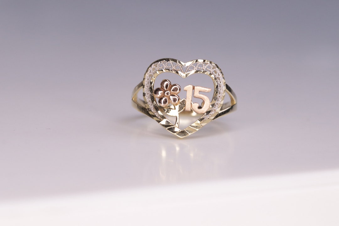 14k Gold 15 Años Quinceañera Heart Flower Ring / Sweet 15 Años ...