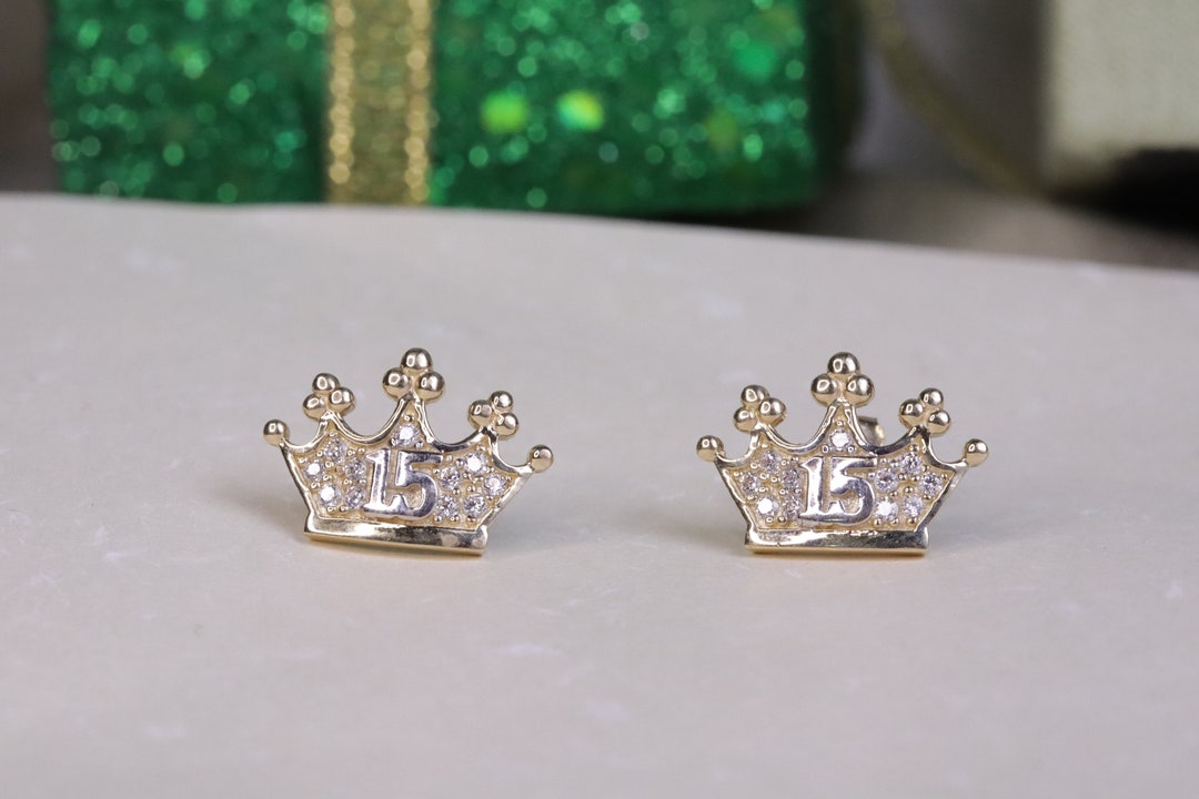 14K Yellow Gold 15 Quinceanera Princess Crown Earrings / Cubic Zirconia ...