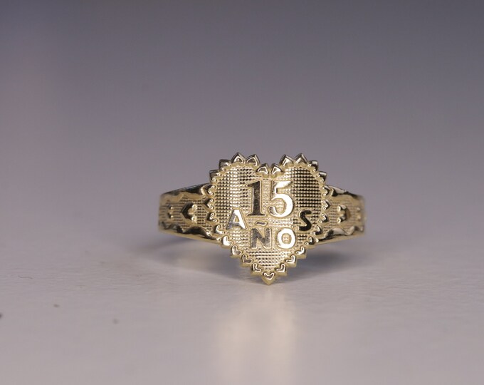 14K Yellow Gold Quinceañera Heart Ring / 14K Real Gold 15 Años Ring ...