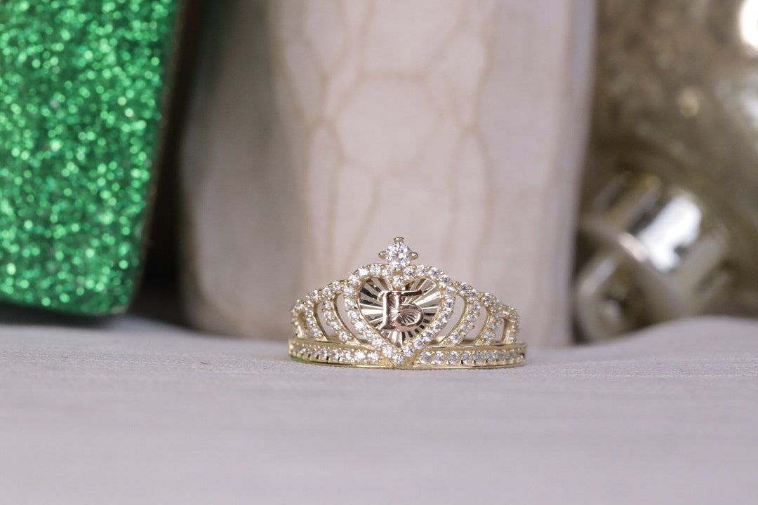 14K Solid Gold Quinceañera Heart CZ Ring / 14K Real Gold 15 Años Ring ...