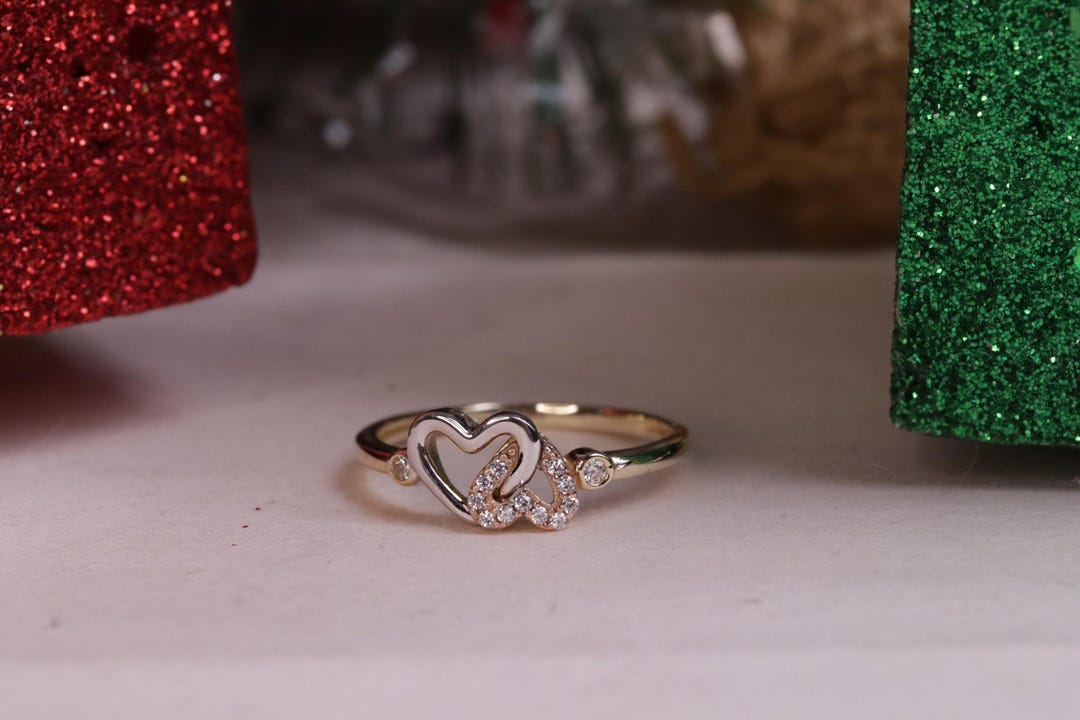 14k Real Gold Double Heart New Design Ring / 14k CZ Heart Ring / Heavue ...