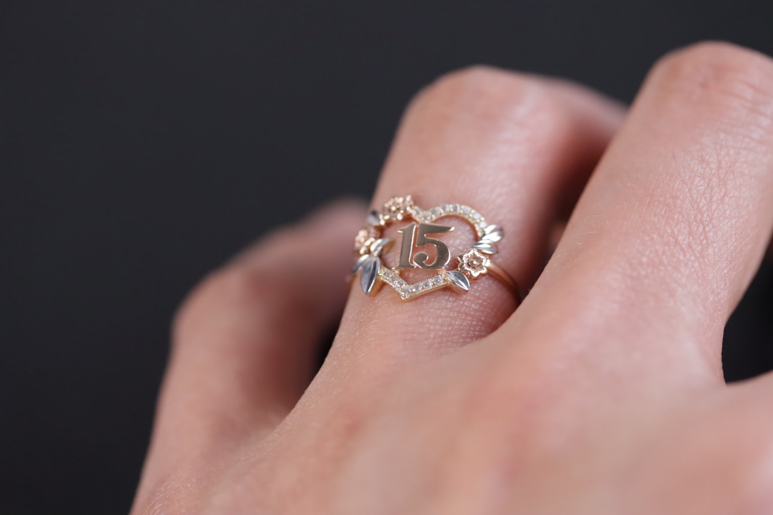 14K Solid Gold Quinceañera Heart Flower Ring / 14K Real Gold 15 Años ...