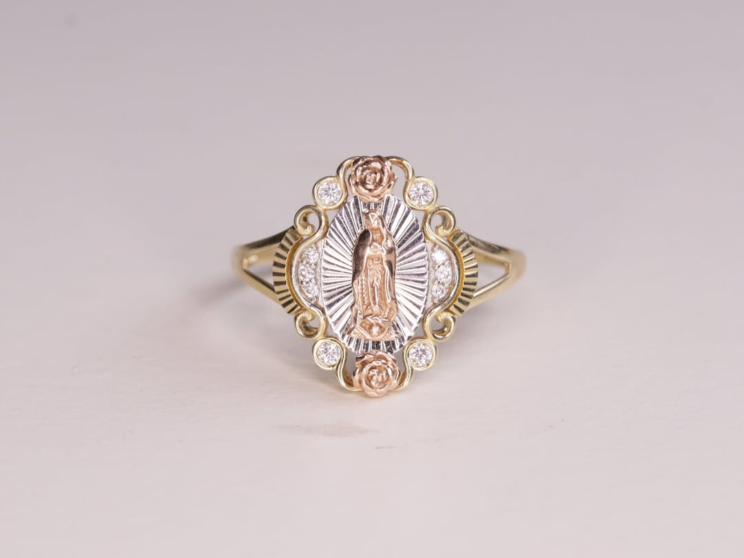 14k Gold Virgin Mary Round CZ Rose Ring for Women / Gift / Religious ...