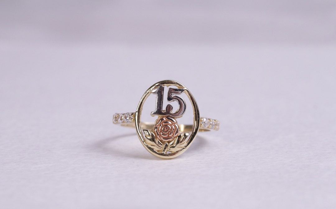 14K Solid Gold Quinceañera Rose CZ Ring / 14K Real Gold 15 Años Ring ...