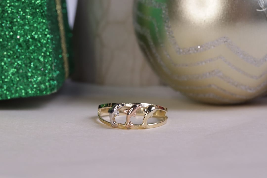 10K Tri Color Tiny Dolphin Ring / Animal Ring / Minimalist Dolphin Ring for Women / Gift for Her ...