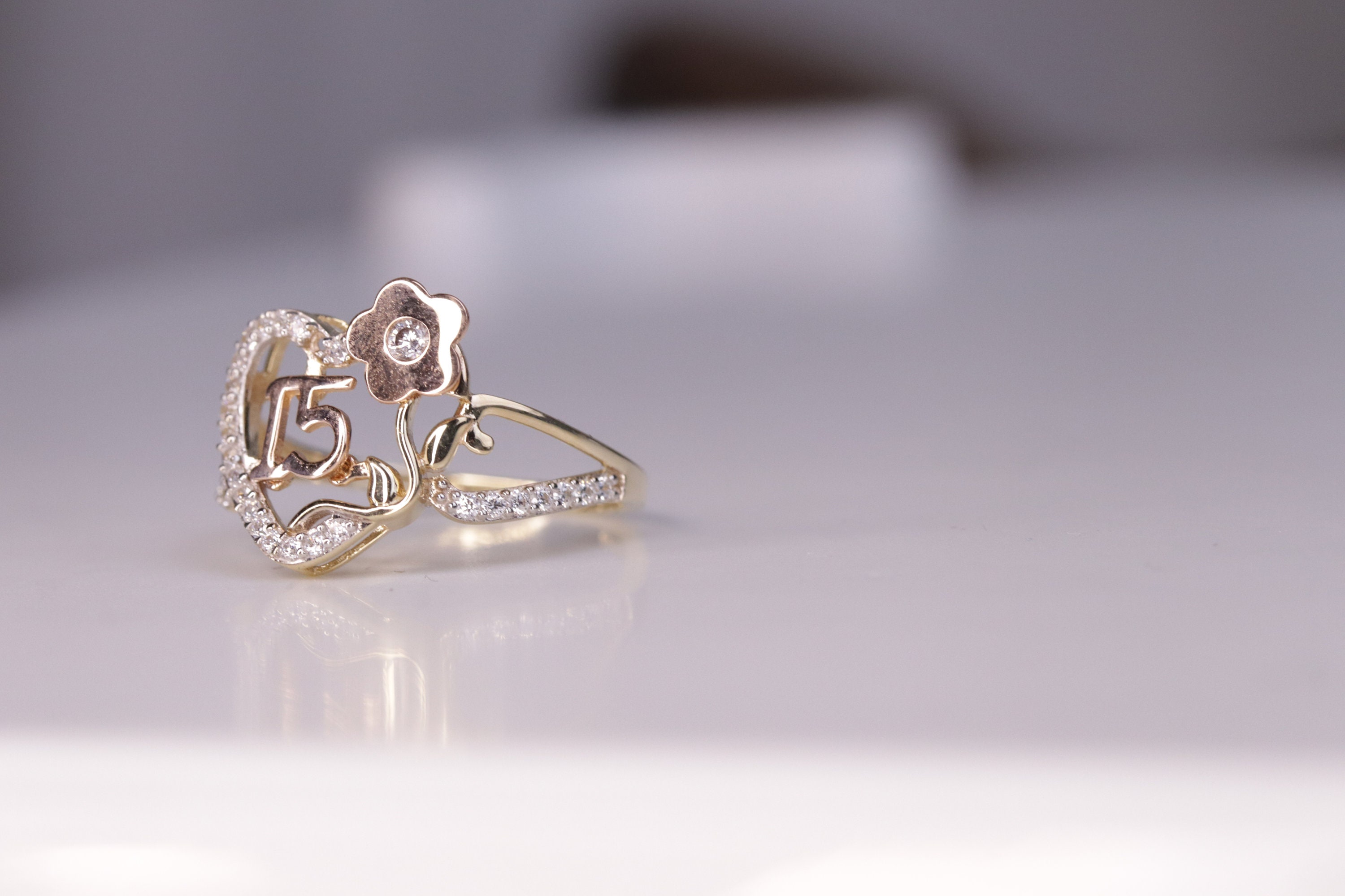 14K Gold Quinceanera Ring, Heart Flower CZ Sweet 15 Gift - Etsy
