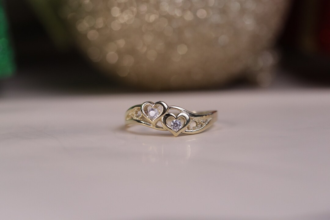 10K Yellow Gold Little Double Heart CZ Ring / 10K Gold Stacking Ring ...