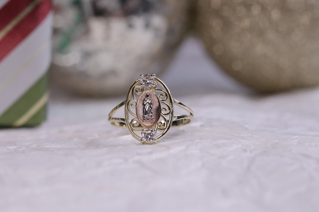 10k Yellow Gold Virgin Mary Classy CZ Ring for Women / Gift / Religious ...
