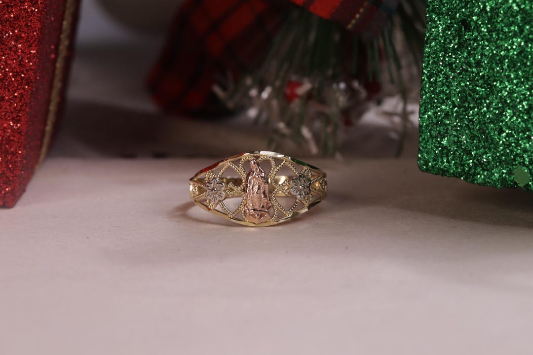 10k Gold Virgin Mary Two Whtie Gold Rose Ring for Women / Gift ...