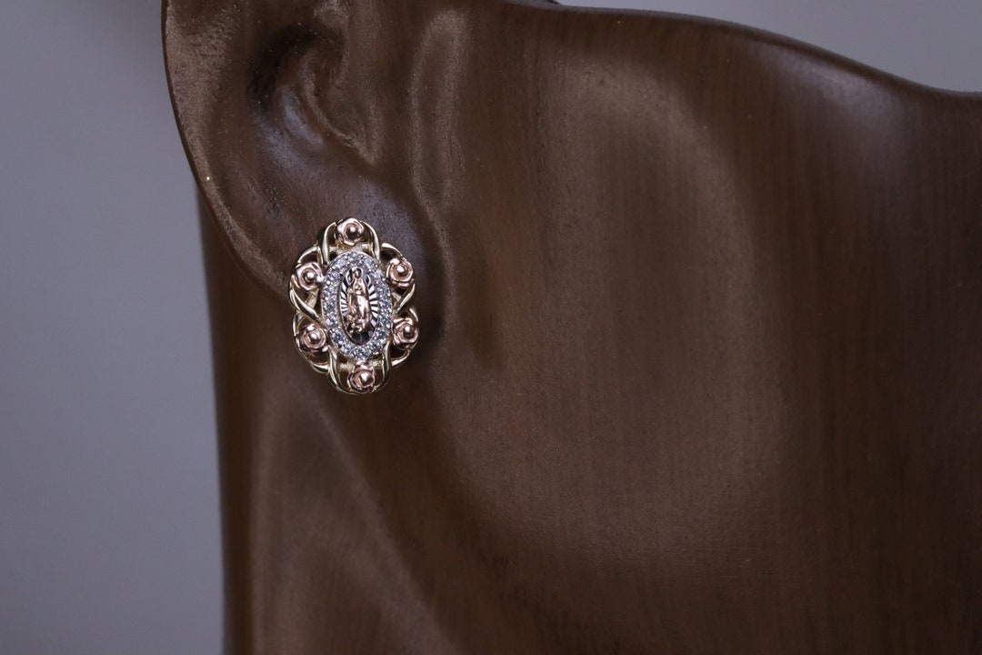 14k Gold Virgin Mary Maria Lady Guadalupe CZ Rose Earrings / Virgin ...