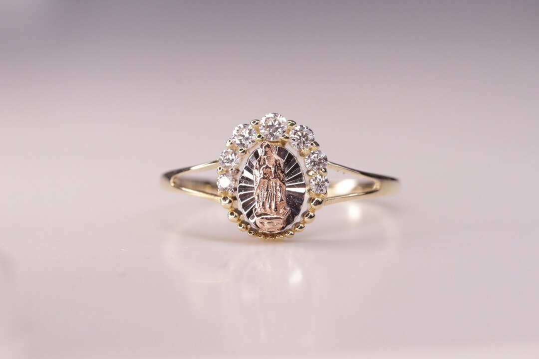 14k Gold Rose Gold Tiny Virgin Mary CZ Ring / 14k Tri Color Religious ...