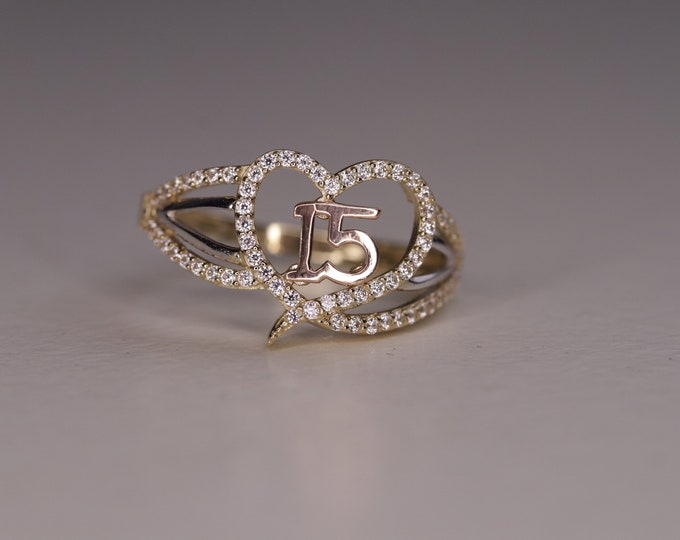 14K Solid Gold Quinceañera Heart Cubic Ring / 14K Real Gold 15 Años ...