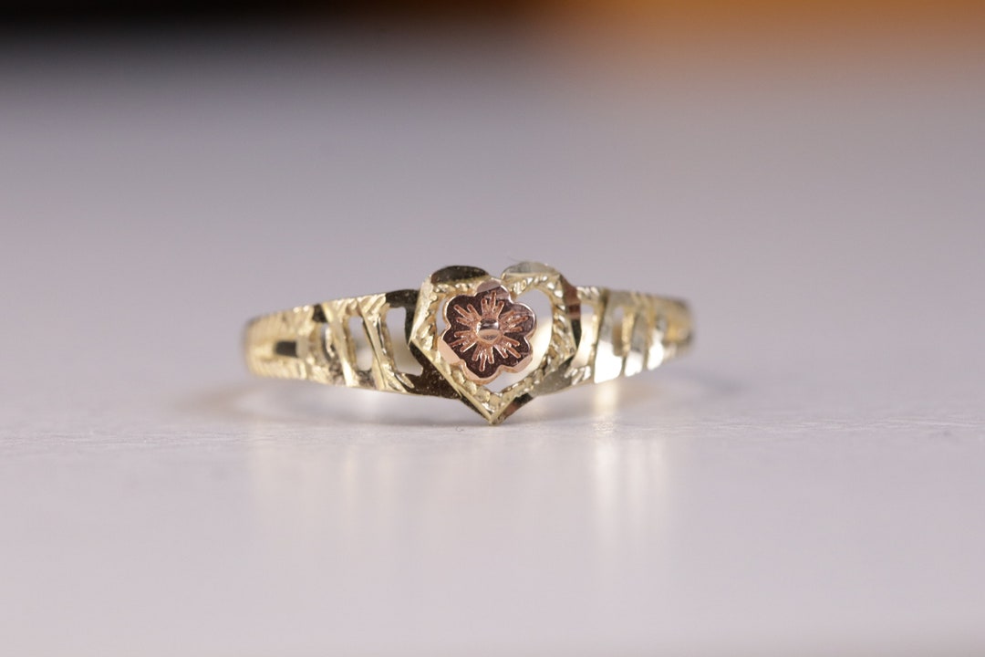 10K Gold Tiny Heart Flower Ring / 10K Gold Rose Stacking Ring / Cute ...