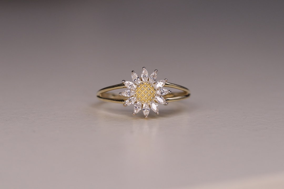 14K Gold Dainty Sunflower CZ Ring / 14k Gold CZ / Gift for Mom / Gift ...