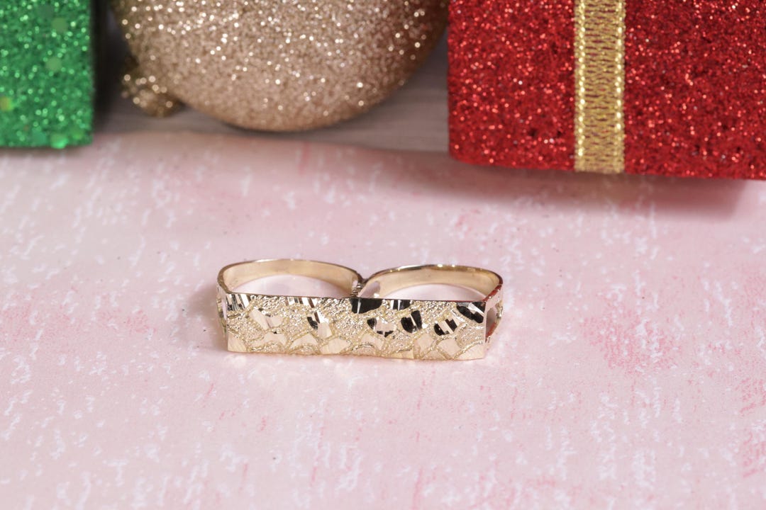 10k Yellow Gold Two Finger Ring for Men / 10K Gold Classic Nugget Ring ...