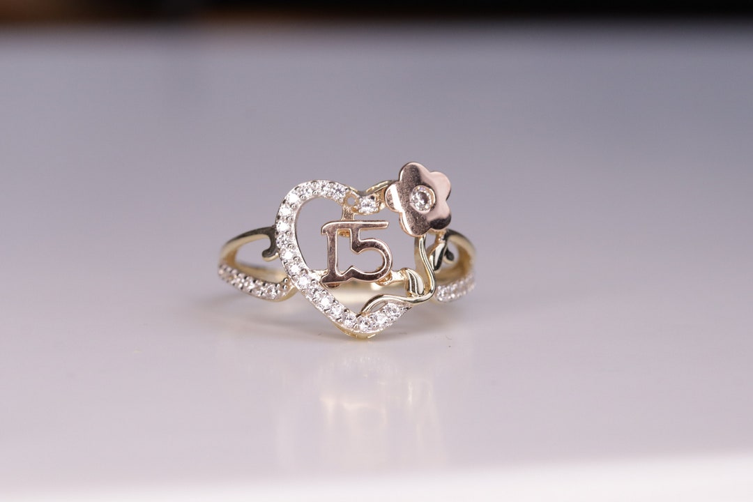 14K Gold Quinceanera Ring, Heart Flower CZ Sweet 15 Gift - Etsy