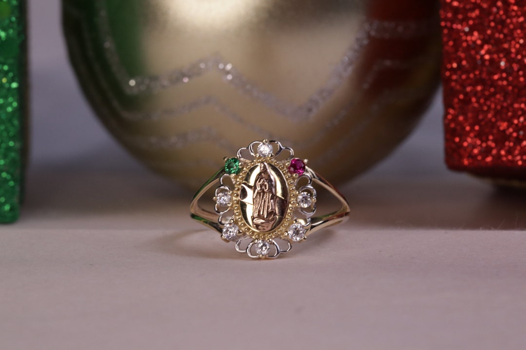 14k Gold Virgin Mary Color Stone CZ Ring / Religious Women Ring / 14k ...