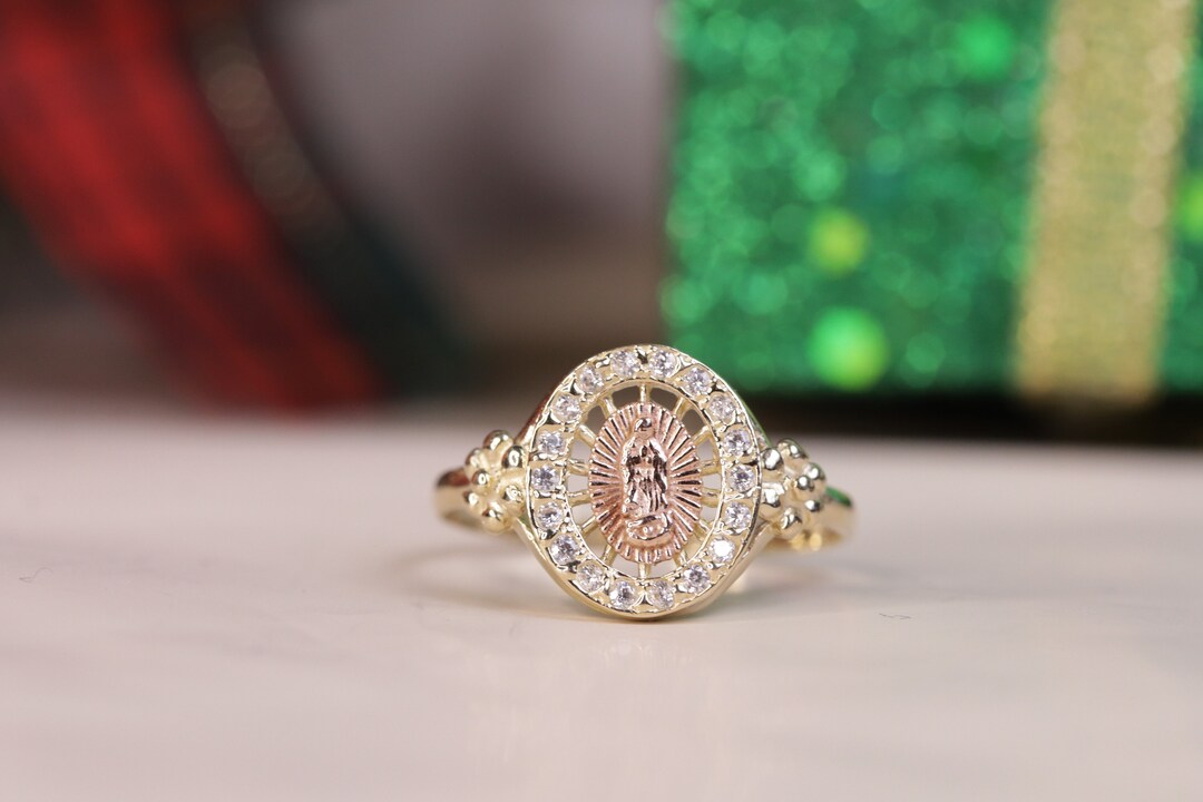 10k Yellow Gold CZ Virgin Mary Classy Ring for Women / Gift / Religious ...