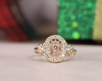 10k Gold Circle Virgin Mary CZ Ring for Women / Gift / Religious Ring ...