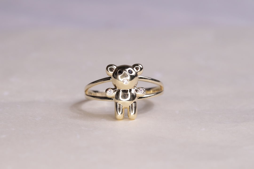 14K Yellow Gold Super Cute Teddy Bear Ring / Stackable Ring / Dainty ...