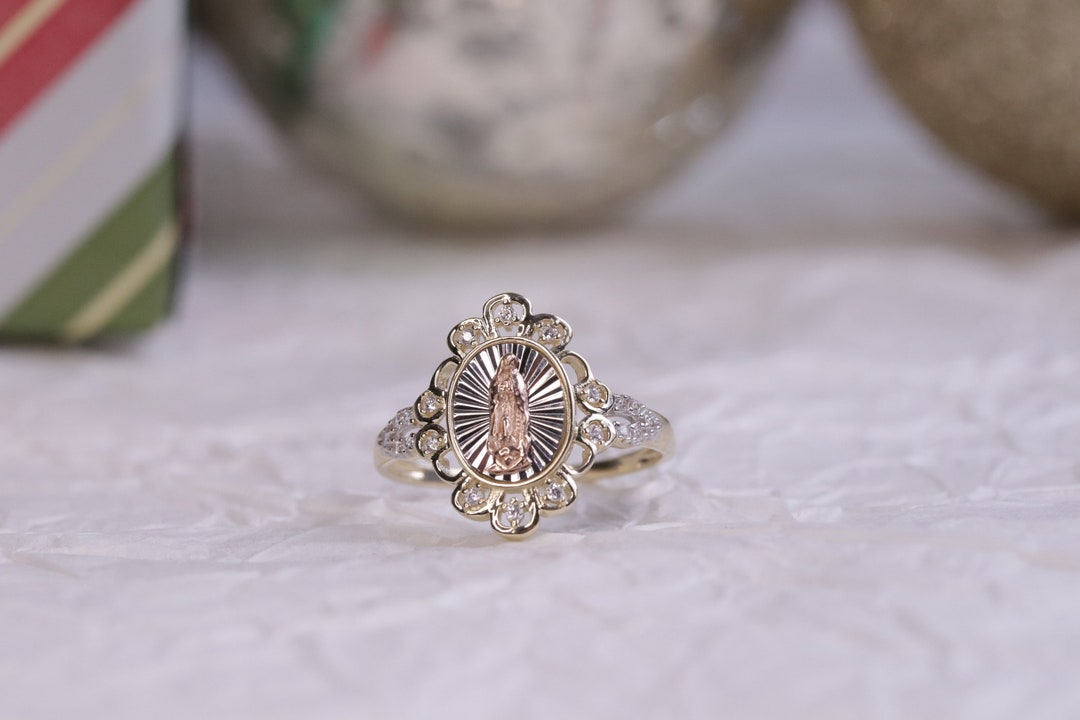 14k Gold Virgin Mother Mary CZ Ring / Religious Women Ring / 14k Mother ...