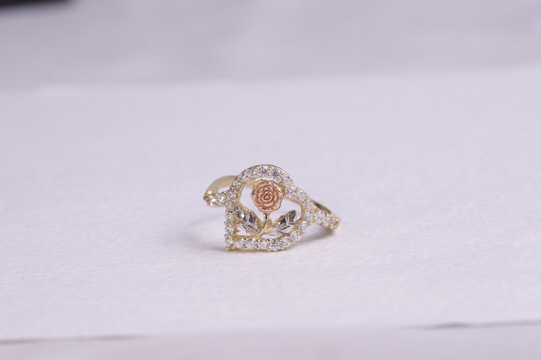 14K Yellow Gold Elegant Rose Blossom CZ Ring / Flower Stackable Ring ...