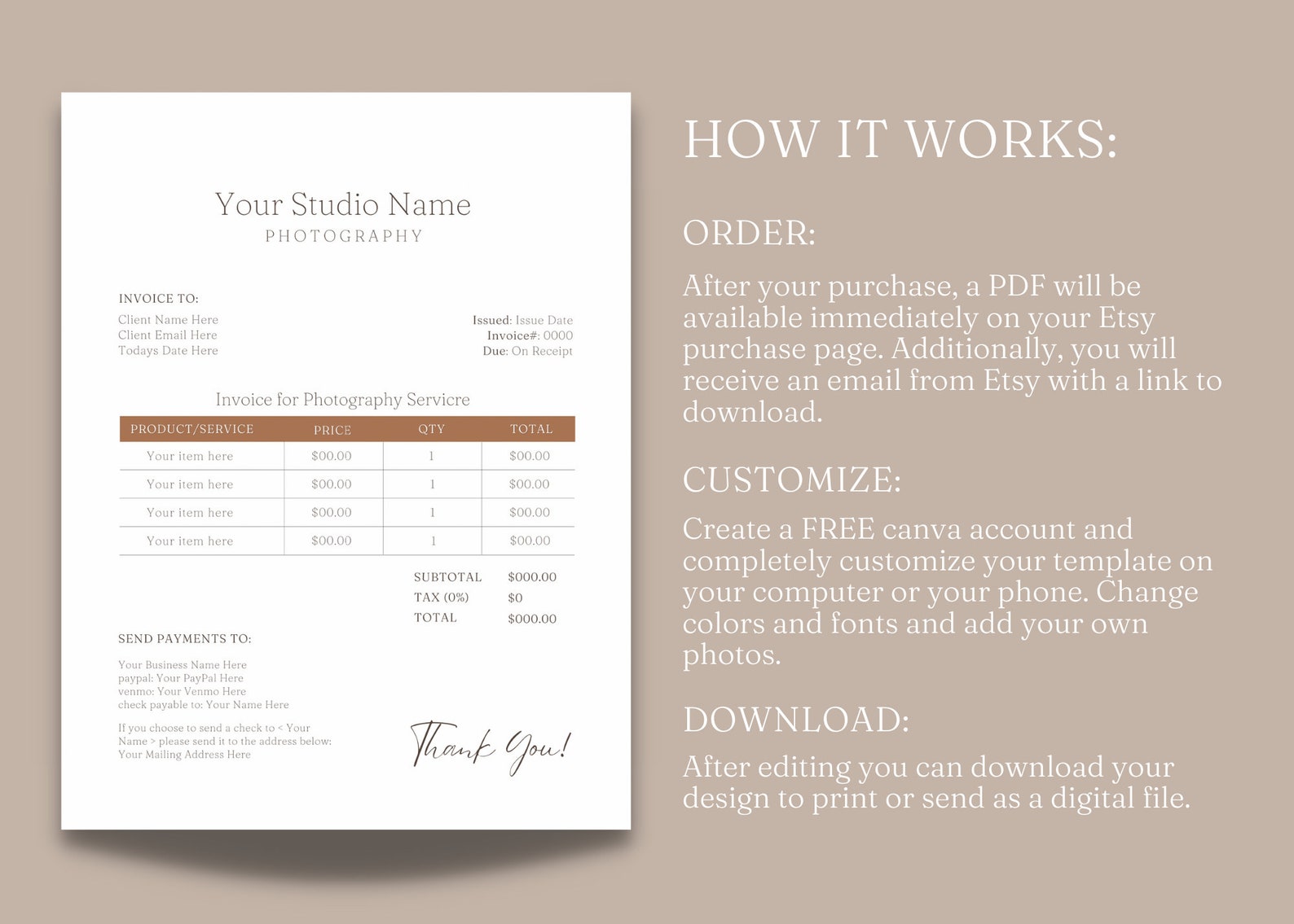Photography Invoice Template Marketing Small Business Invoice Editable ...