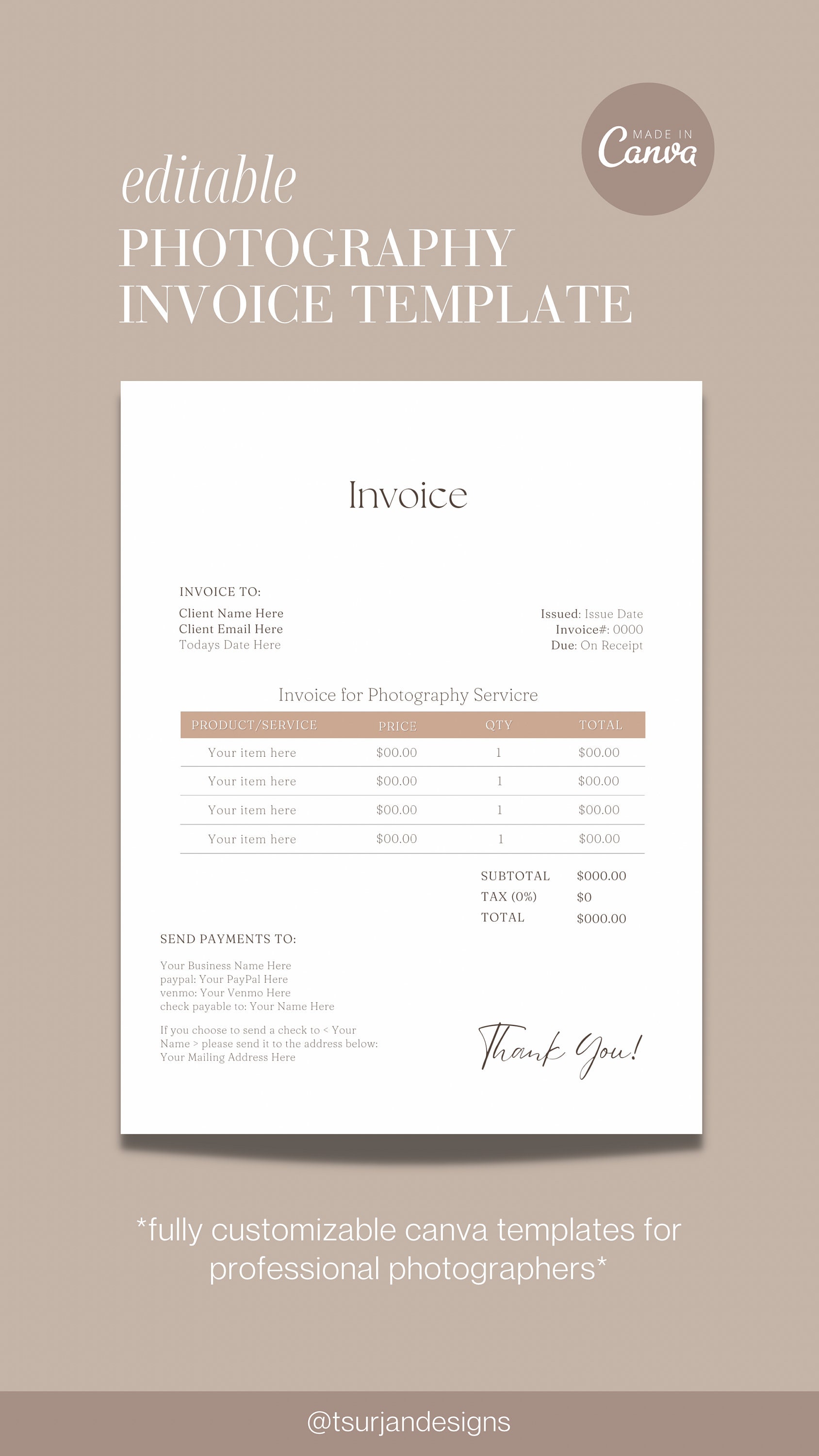 Photography Invoice Template Marketing Small Business Invoice Editable ...
