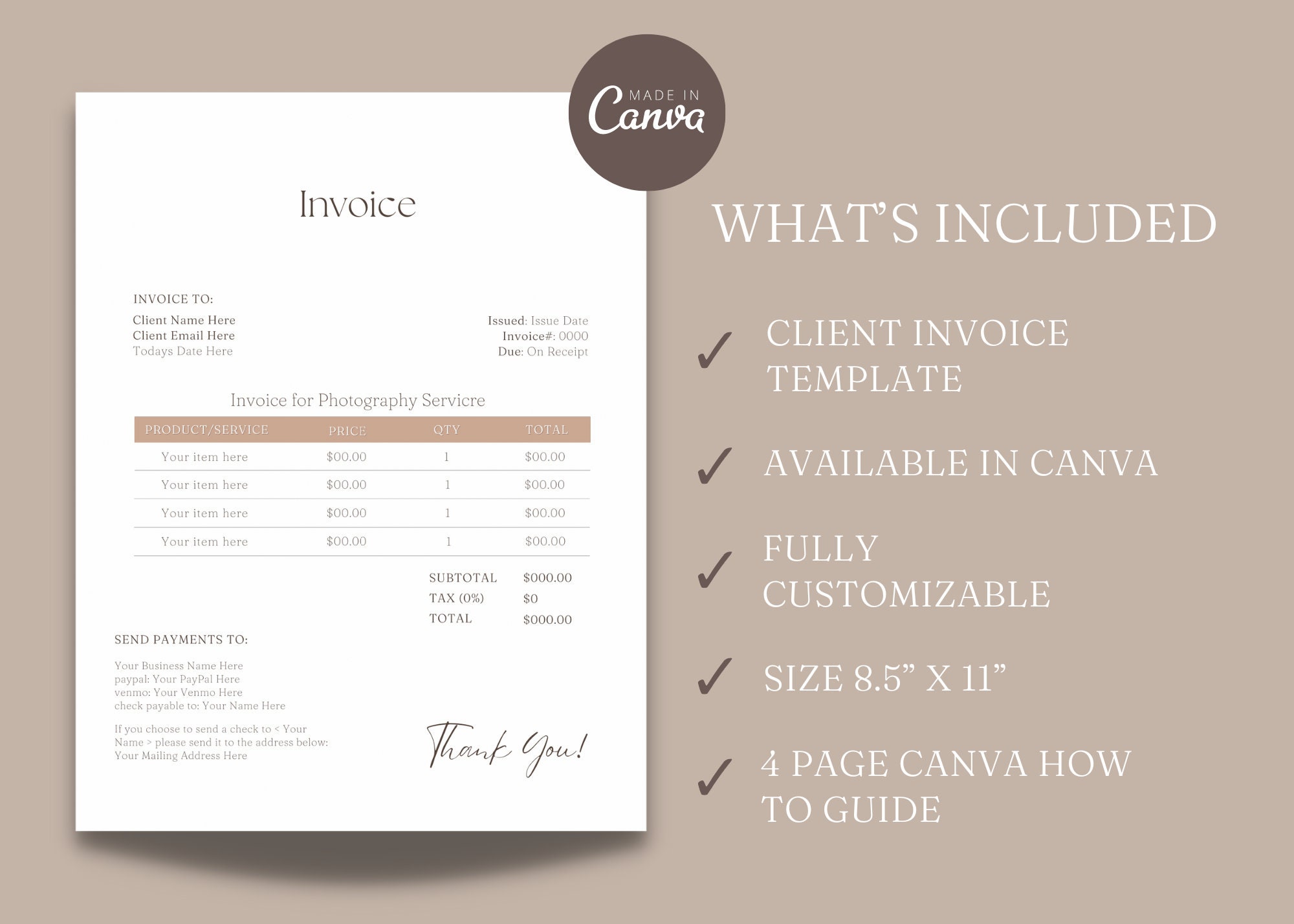 Photography Invoice Template Marketing Small Business Invoice Editable ...