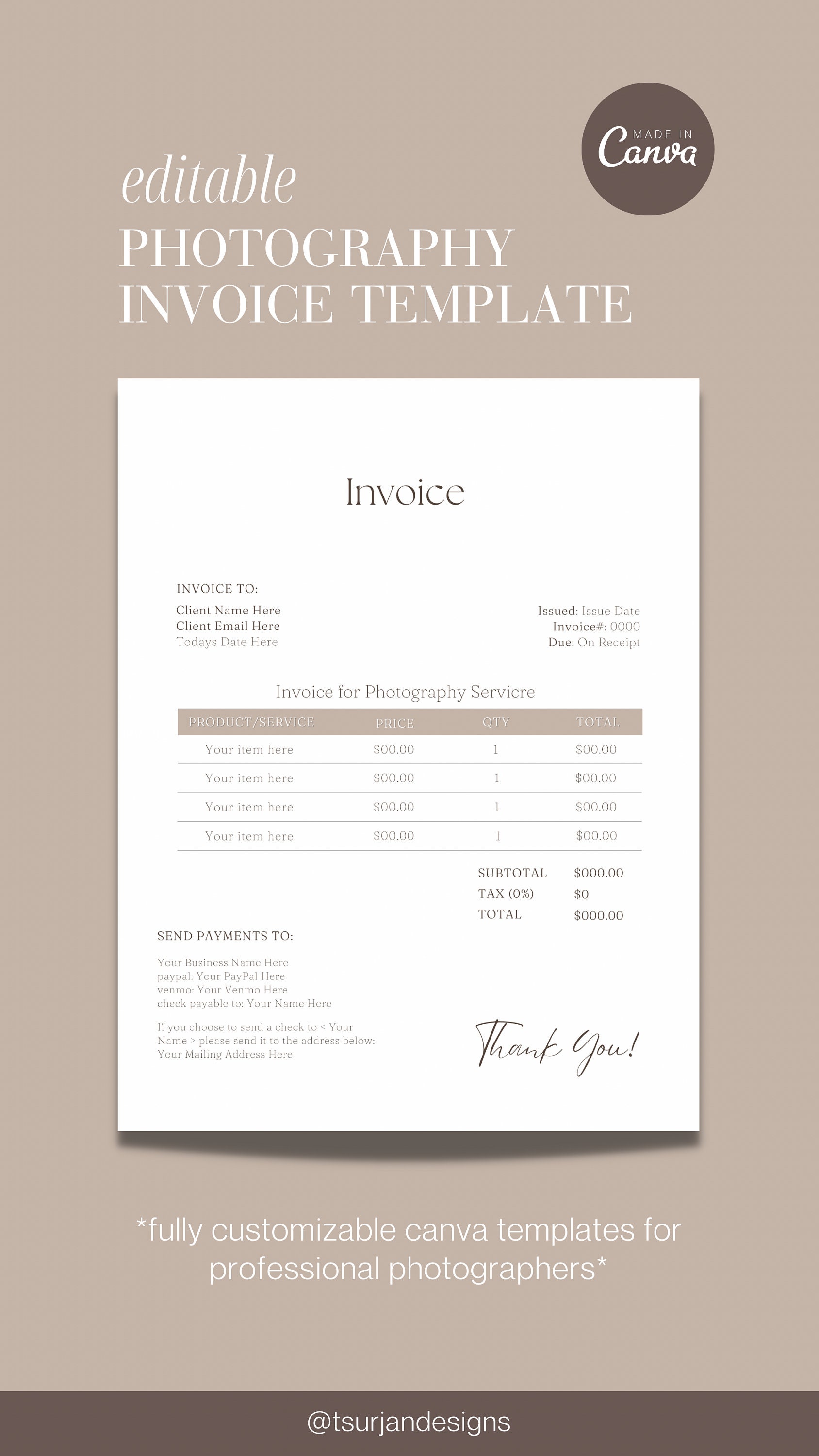 Photography Invoice Template Marketing Small Business Invoice Editable ...