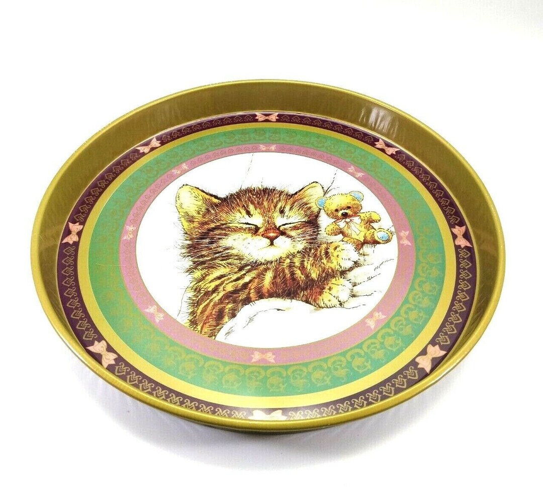 Vintage Napping Kitten With Teddy Bear Tin Round Tray Platter Plate ...
