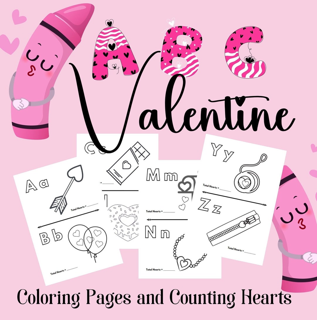 Digital Valentine Printable Coloring Pages and Counting Hearts, ABC ...