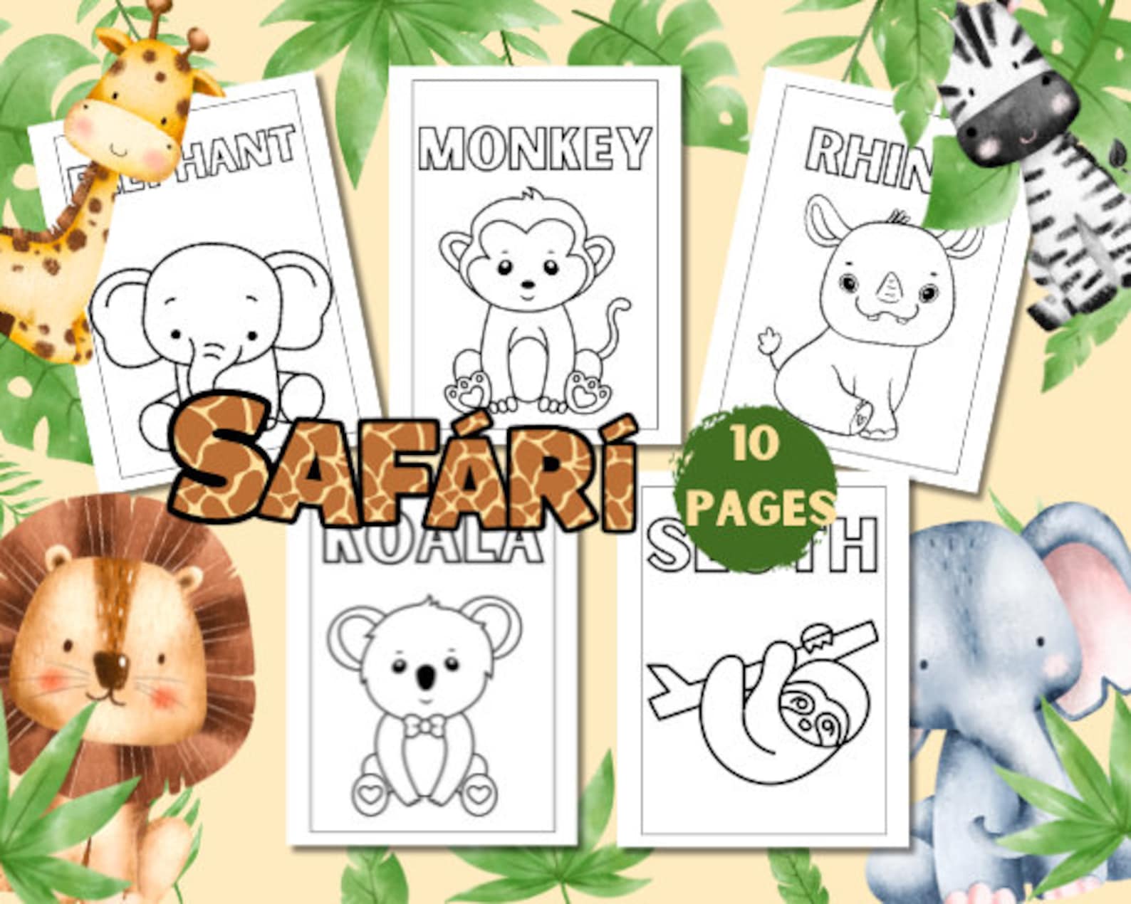 Baby Safari Animals Coloring Pages: Toddler Activity Sheets (instant ...