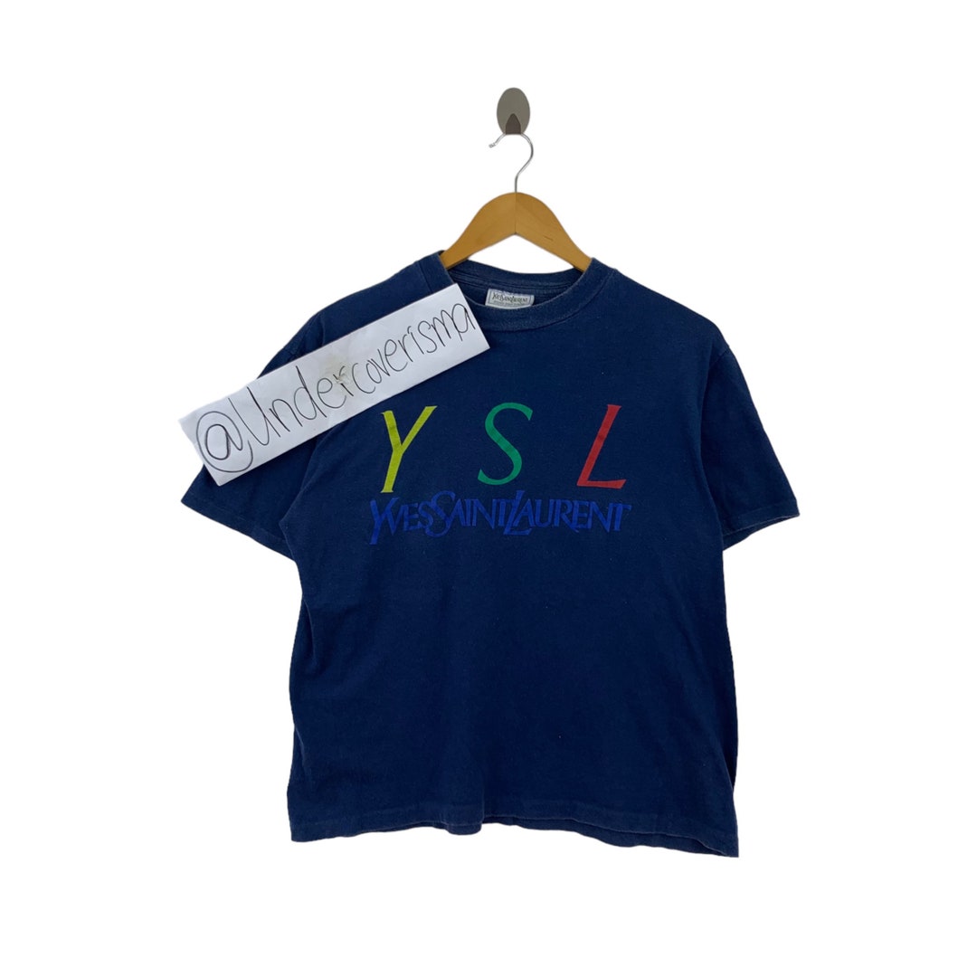 Vintage YVES SAINT LAURENT Ysl Italy Big Brand Print Navy Short Sleeve ...