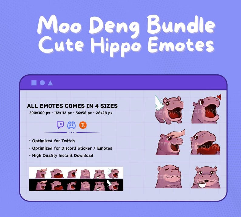 Moo Deng Hippo Cute Aesthetic Bundle Pack 6 Emote Chibi Hippo Twitch ...
