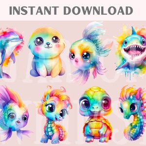 Watercolour Rainbow Sea Creatures Clipart Turtle Sea Horse PNG Digital ...