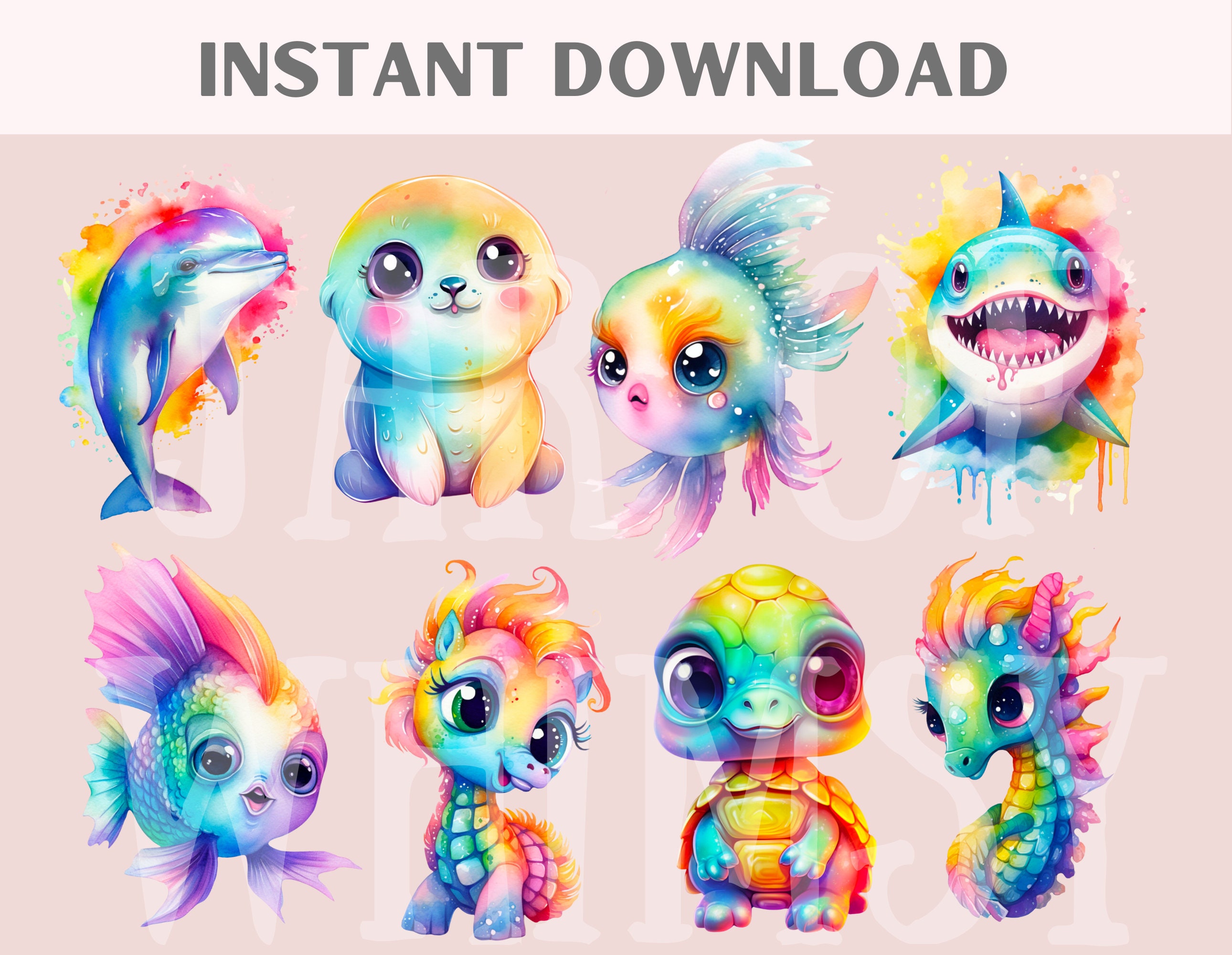 Watercolour Rainbow Sea Creatures Clipart Turtle Sea Horse PNG Digital ...
