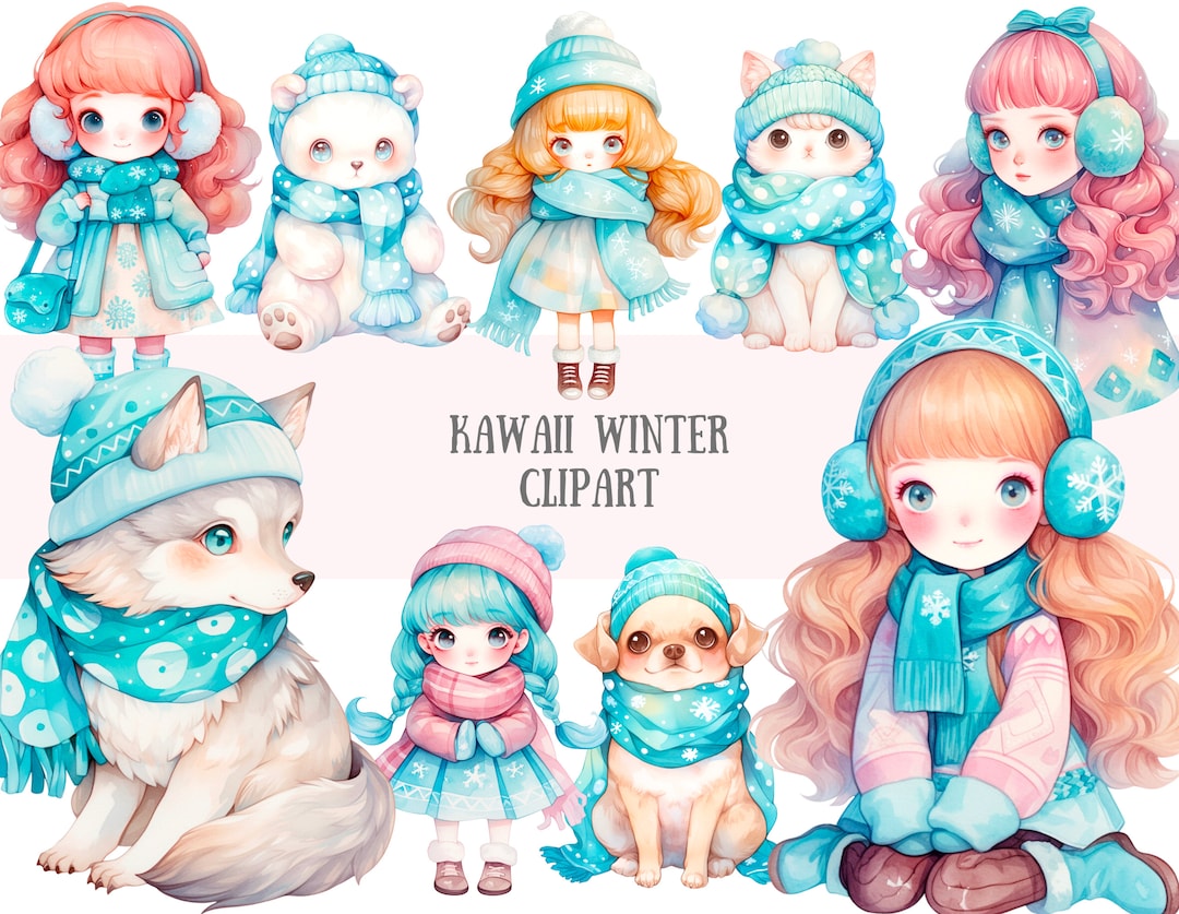 Watercolour Kawaii Winter Clipart Cute Chibi Winter Girls PNG Digital ...