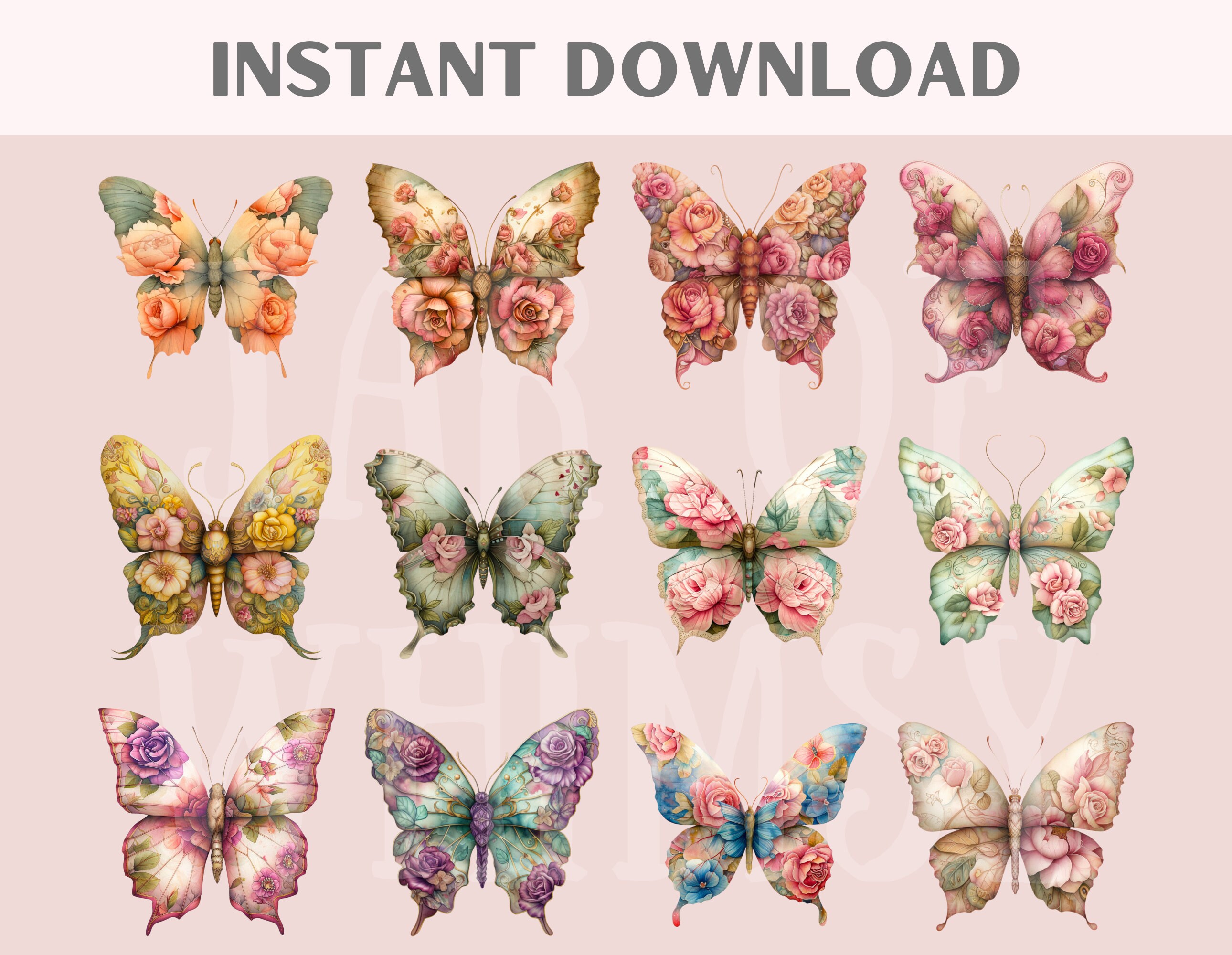 Watercolour Shabby Chic Butterfly Clipart Vintage Butterfly PNG Digital ...