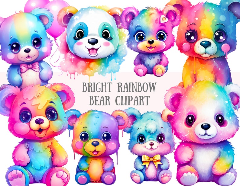Watercolour Bright Rainbow Bears Clipart Kawaii Teddy Bear PNG Digital ...